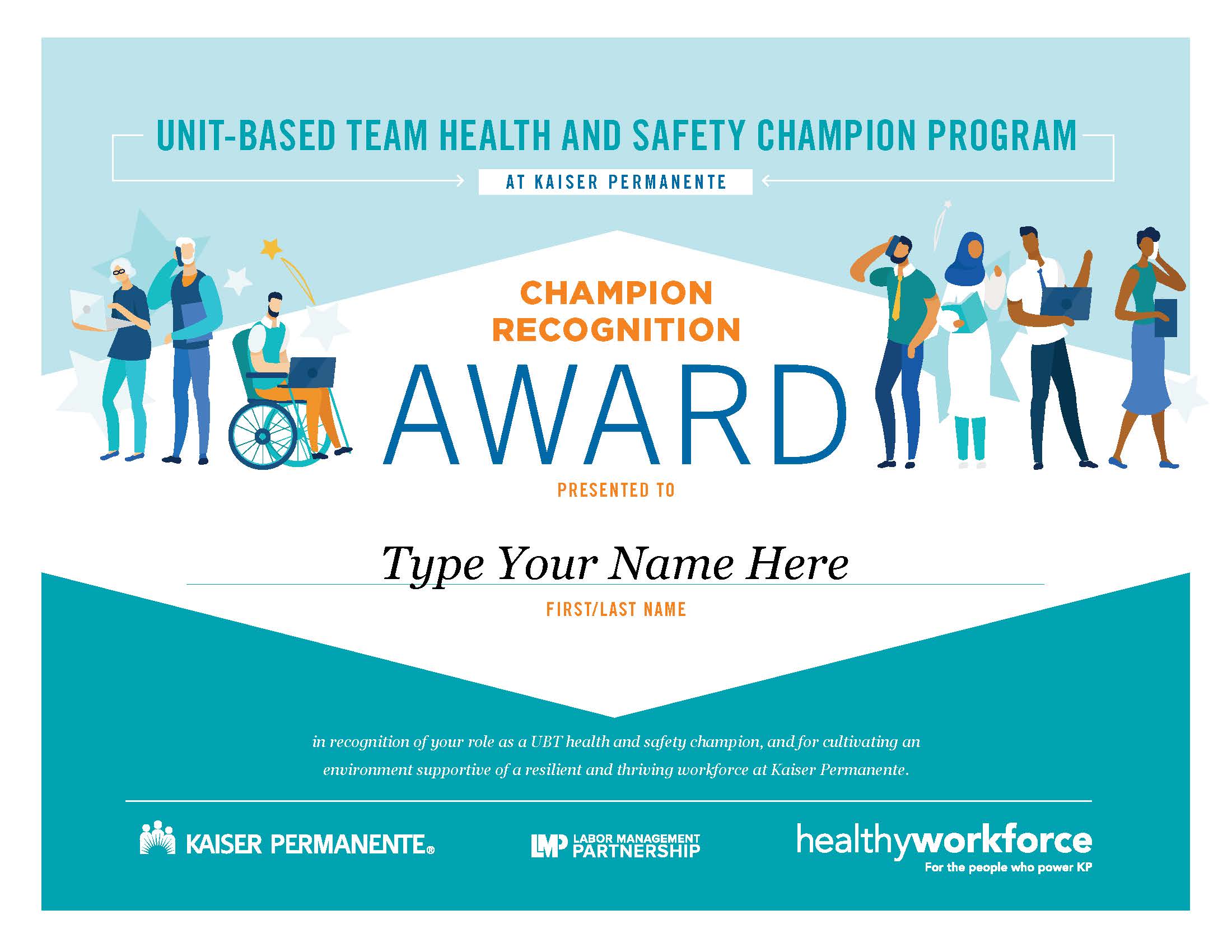 UBT Health and Safety Champion Award Certificate | Labor Management ...